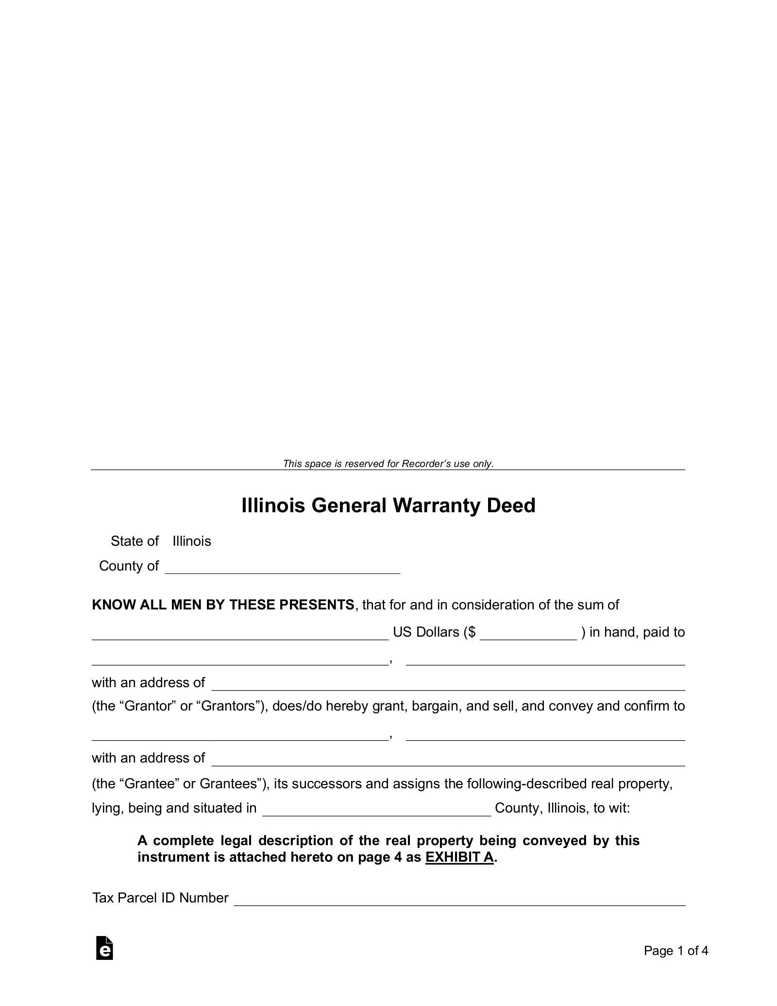 Free Illinois General Statutory Warranty Deed Form PDF Word EForms