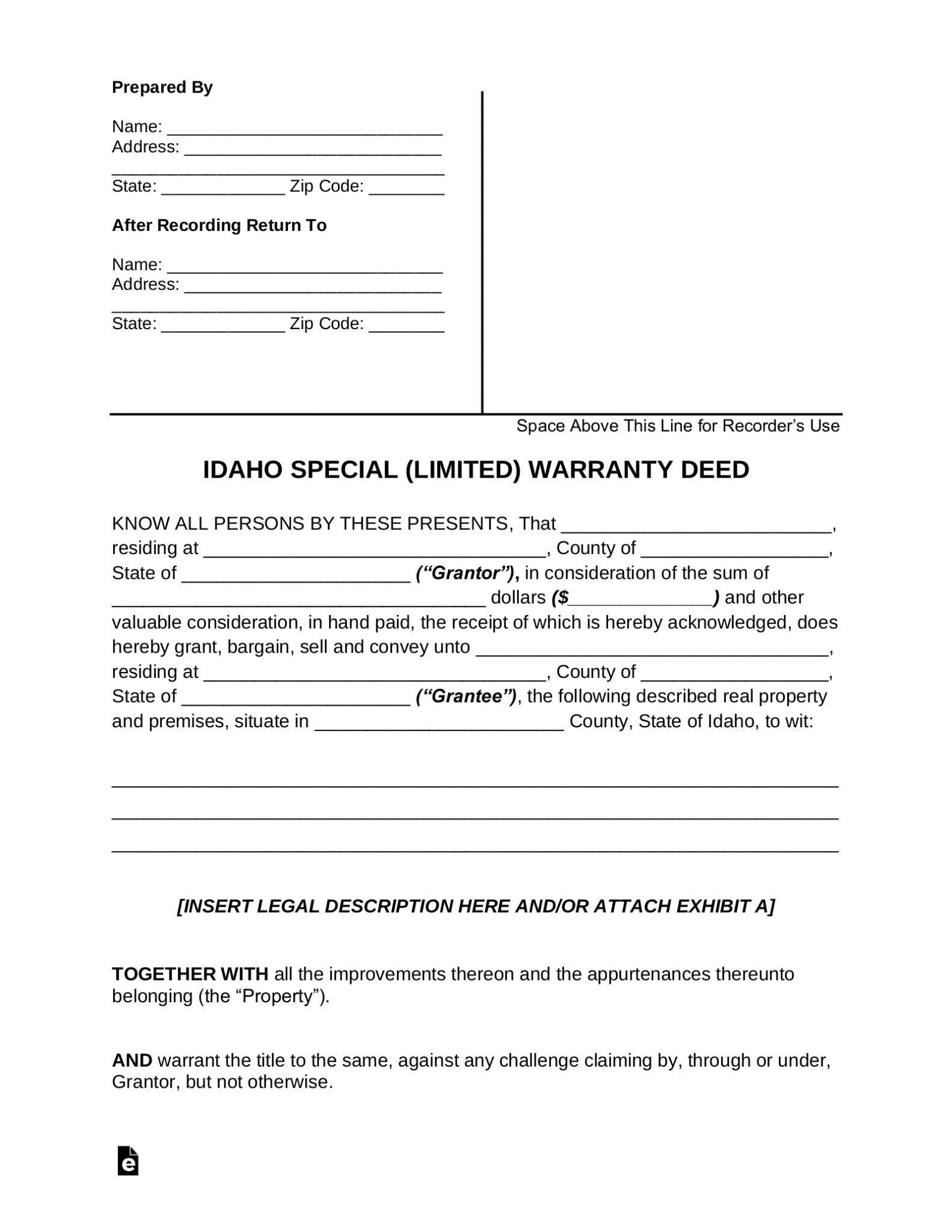 Free Idaho Special Warranty Deed Form - PDF | Word – eForms