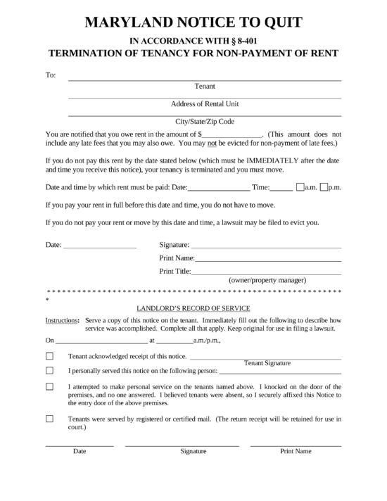 Notice To Vacate Maryland Template Printable Calendar Blank