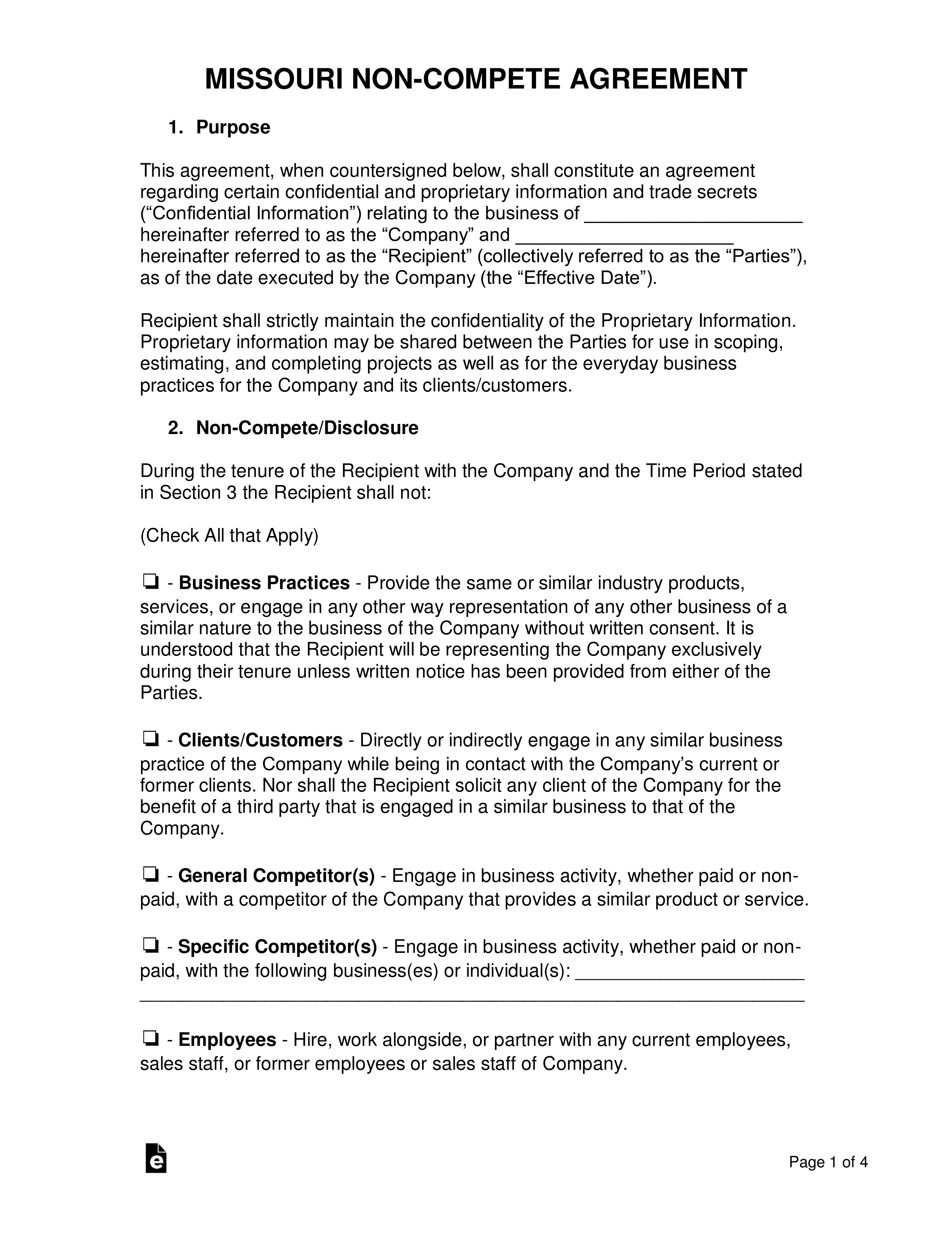 Free Missouri Non Compete Agreement Template PDF Word EForms