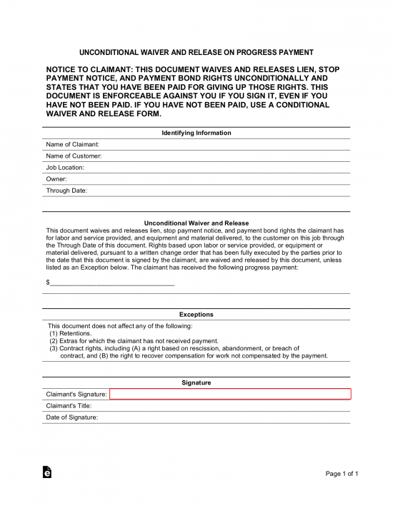 Unconditional Contractor s Mechanic s Lien Release Form EForms