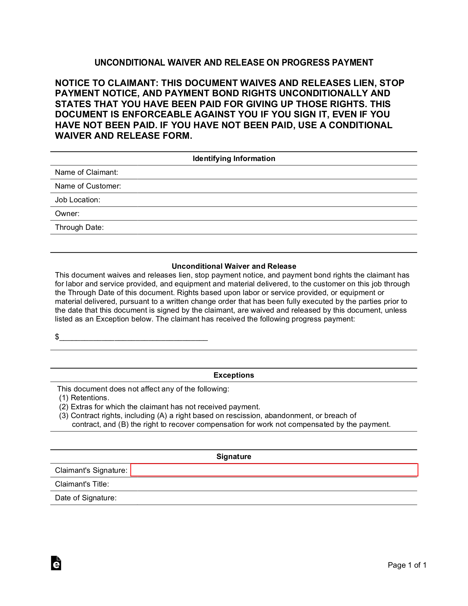 Unconditional Contractor S Mechanic S Lien Release Form Eforms