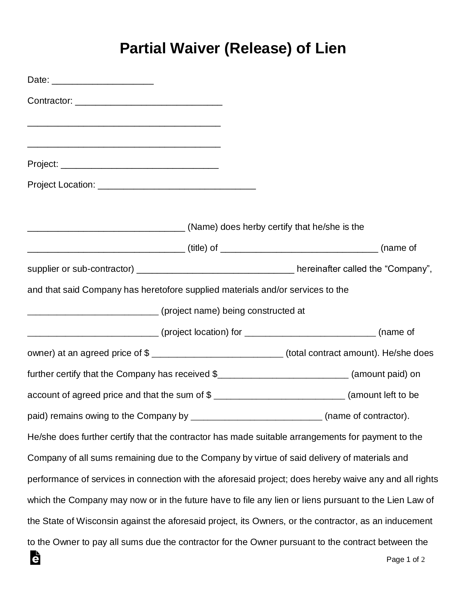 Printable Release Of Lien Form Florida