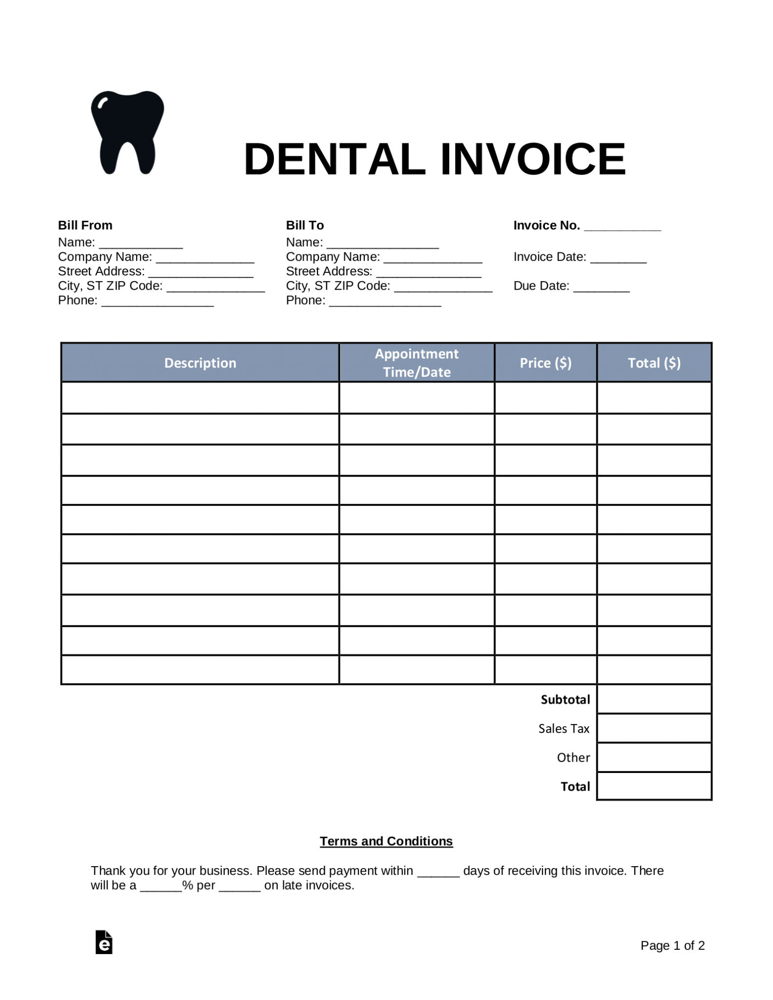 Free Dental Invoice Template - PDF | Word – eForms