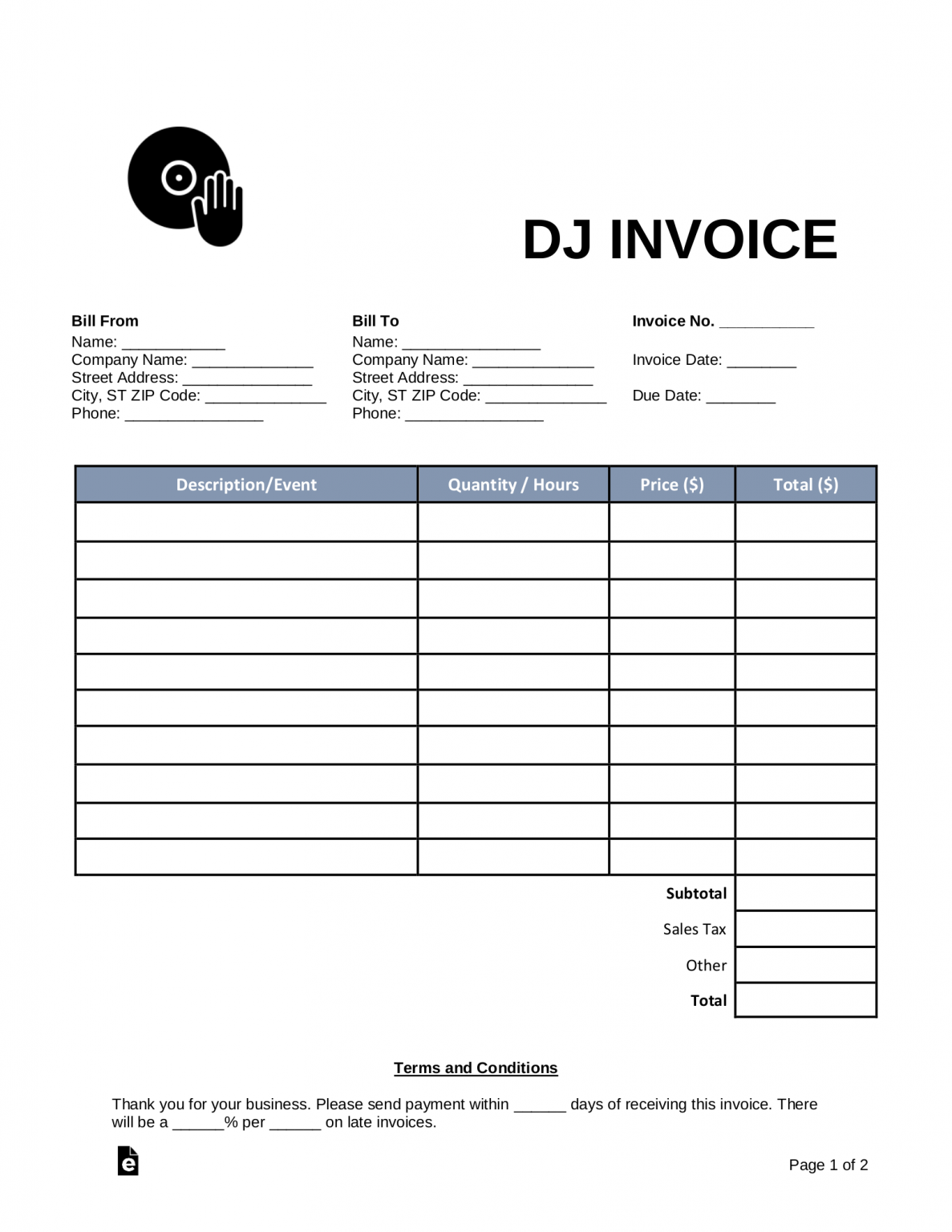 Free DJ (Disc Jockey) Invoice Template - PDF | Word – eForms