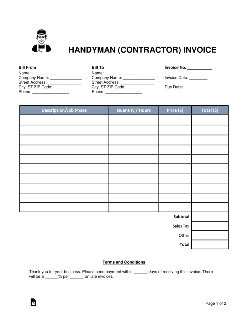 Free Handyman Contractor Invoice Template Word PDF EForms