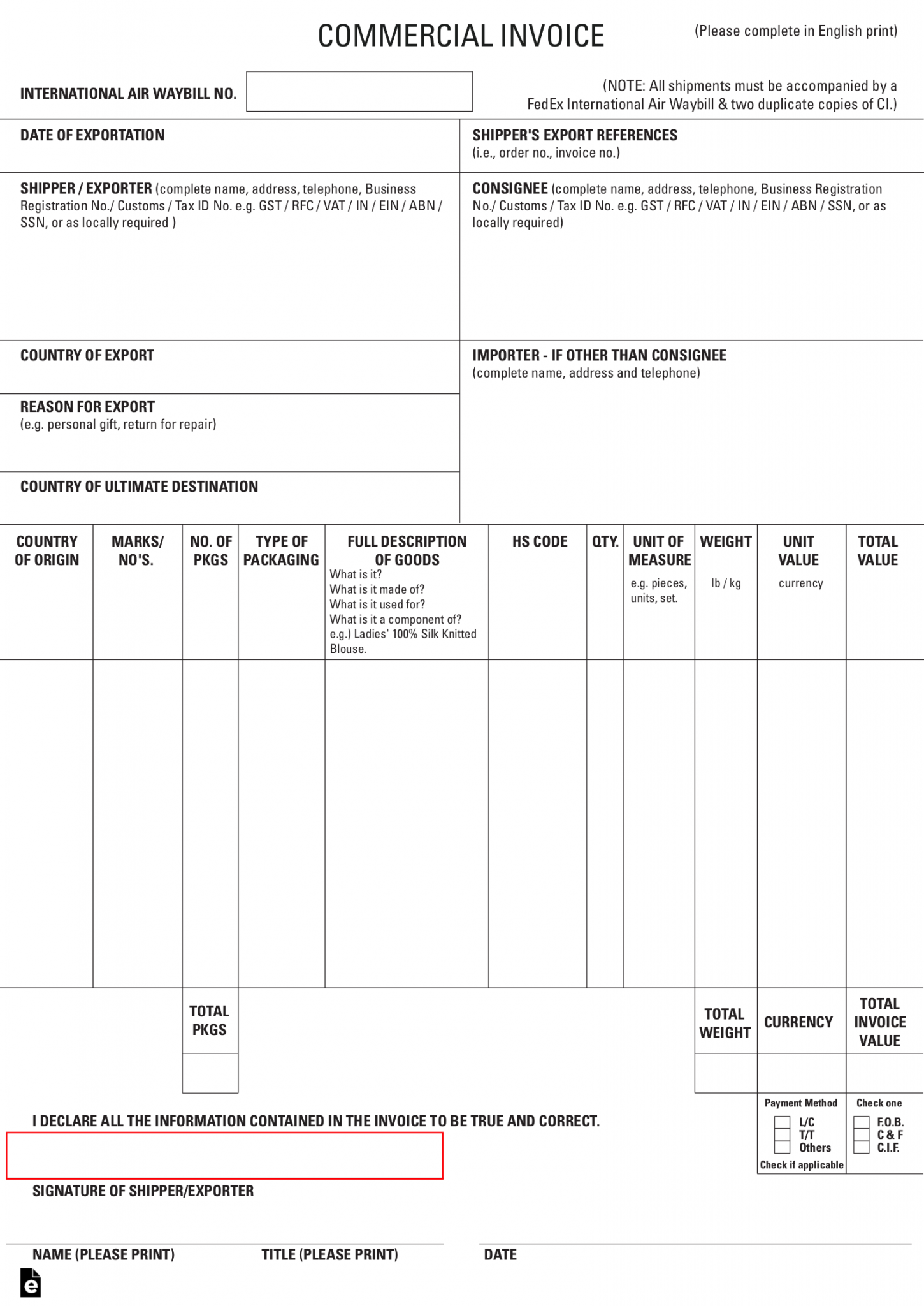 Free Canadian Commercial Invoice Template - Form ci1 - PDF – eForms