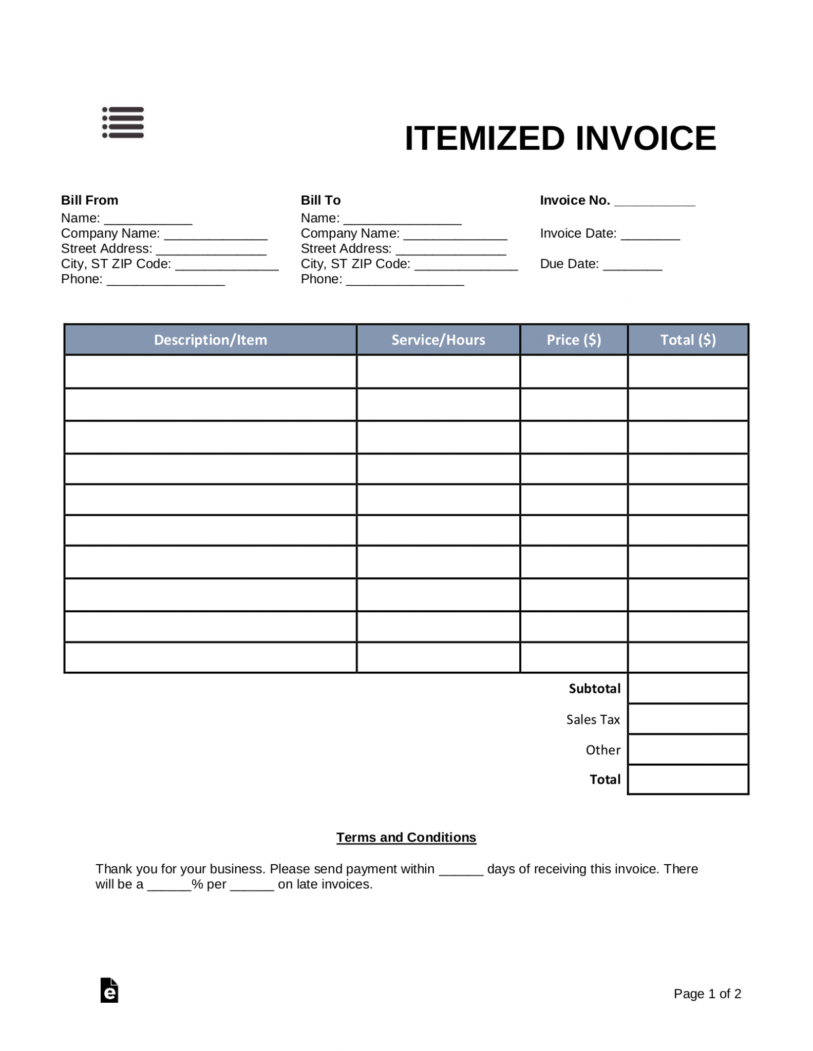 Free Itemized Invoice Template - PDF | Word – eForms