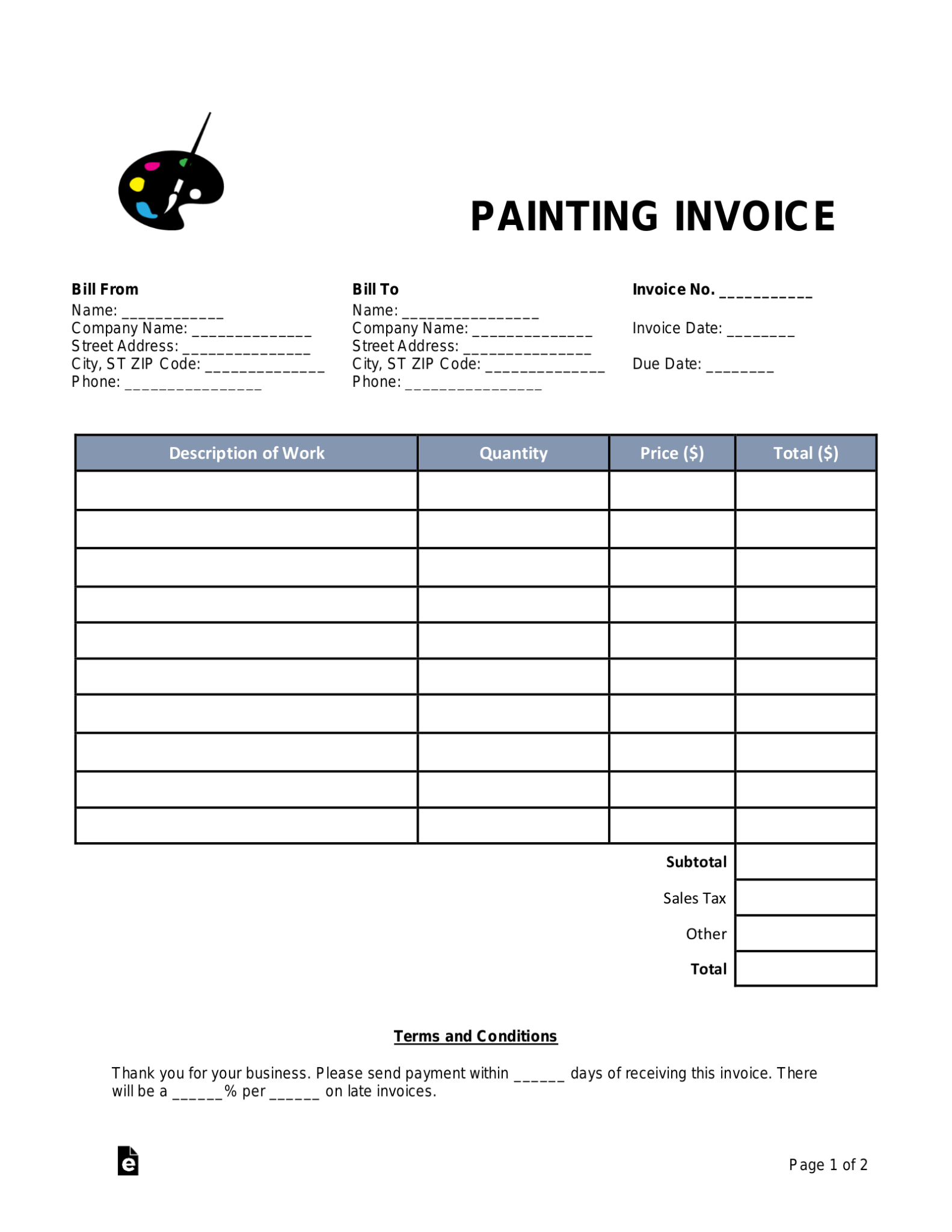 Free Painting Invoice Template - PDF | Word – eForms