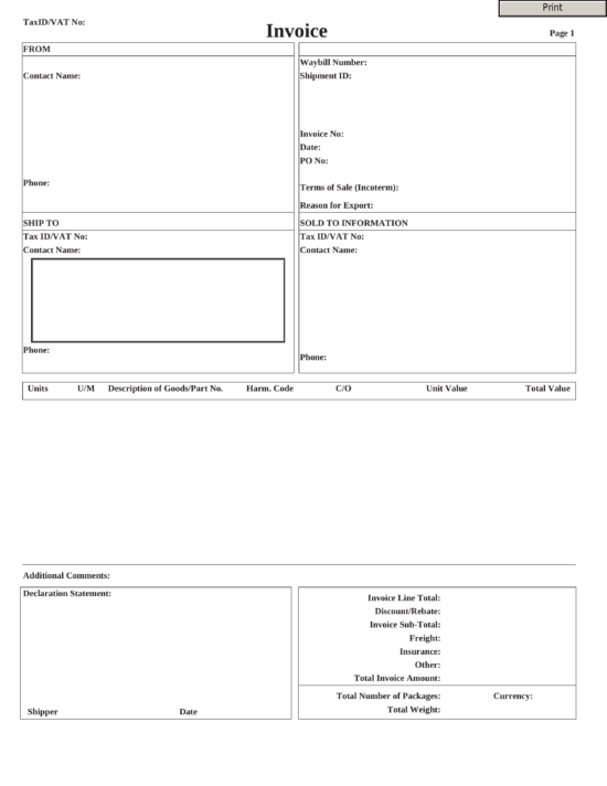 Free UPS Commercial Invoice Template - PDF – eForms