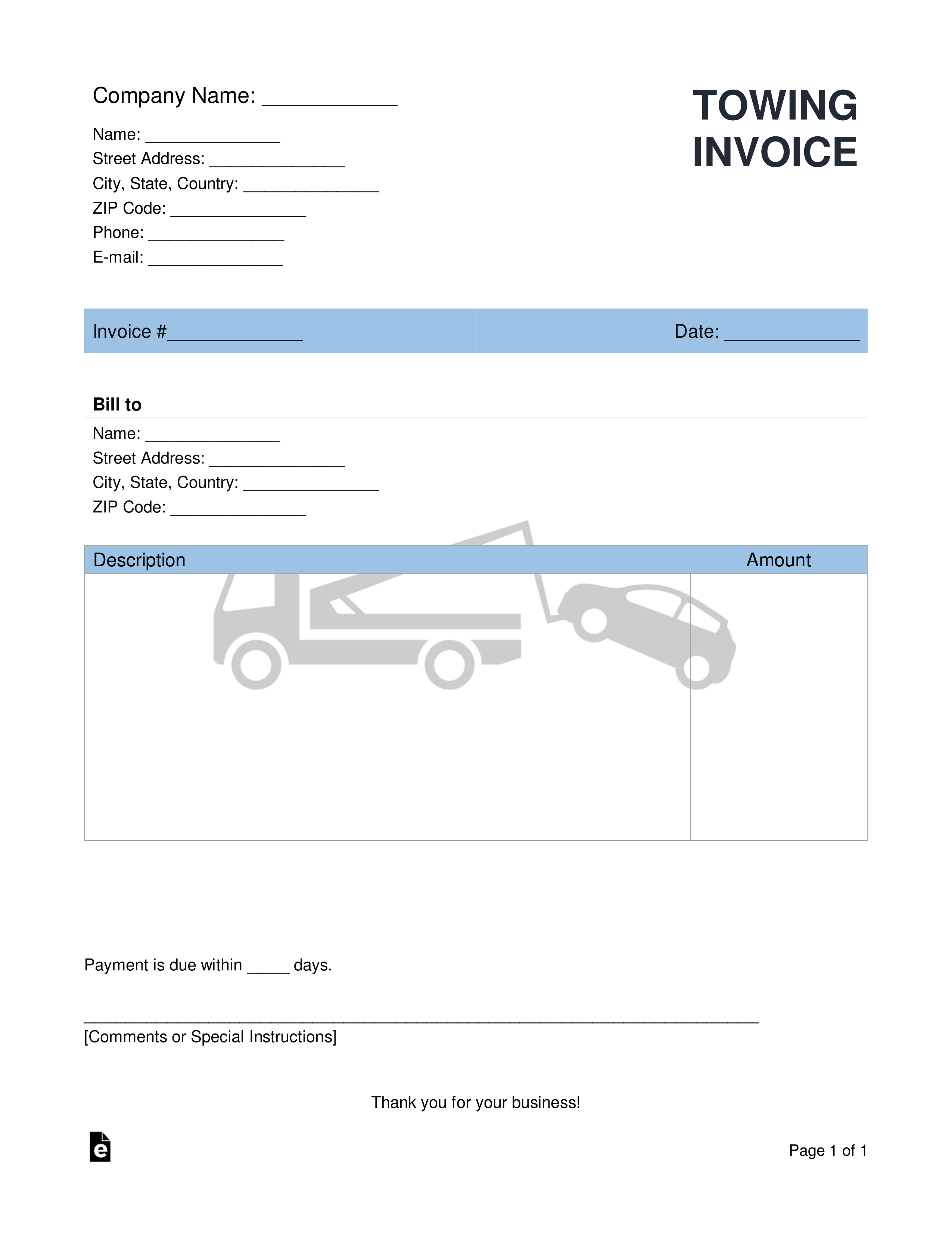 Free Towing Company Invoice Template Pdf Word Eforms
