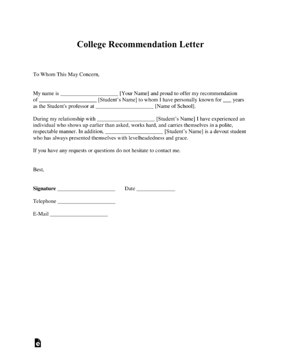 Free College Recommendation Letter Template - PDF | Word – eForms