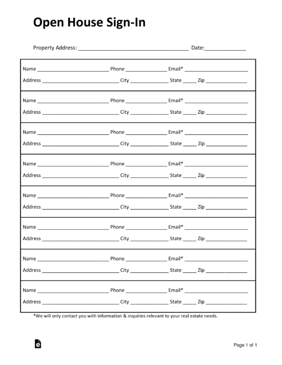Free Name and Address Real Estate Open House Sign-In Sheet - PDF | Word ...