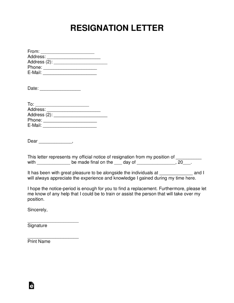 Free Resignation Letters Templates Samples PDF Word EForms