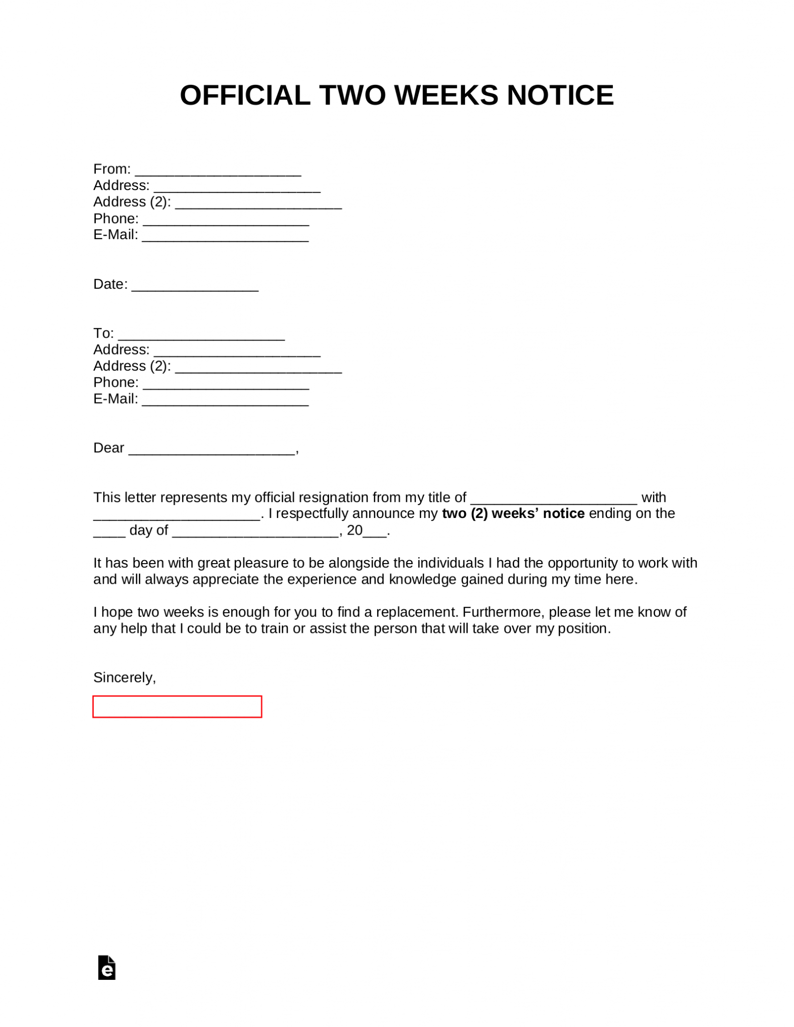 Free Two Weeks Notice Letter | Templates & Samples - PDF | Word – eForms