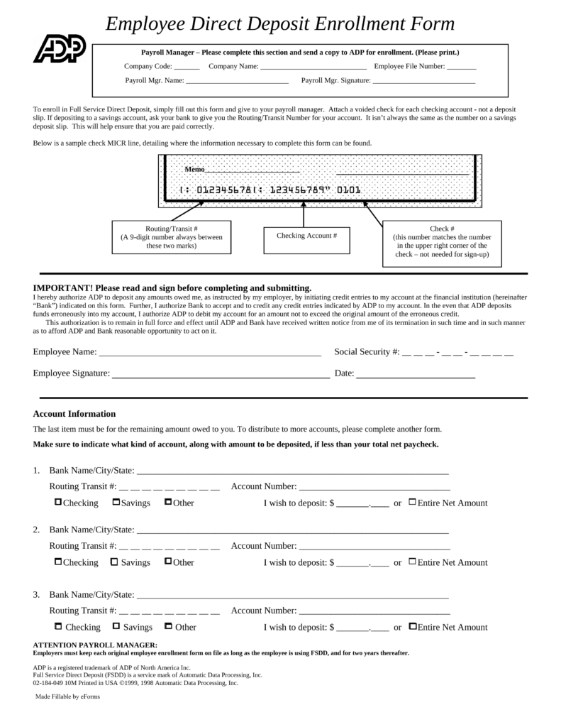 Free ADP Direct Deposit Authorization Form PDF EForms Organic 