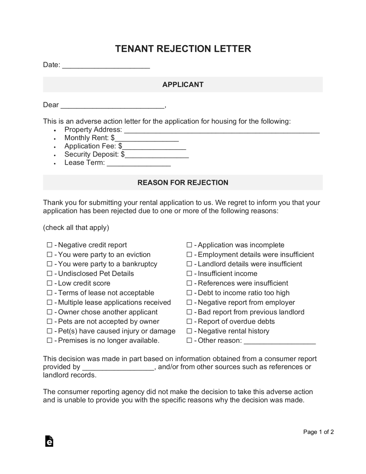 Free Tenant Rejection Letter (Adverse Action Notice) - PDF | Word – eForms