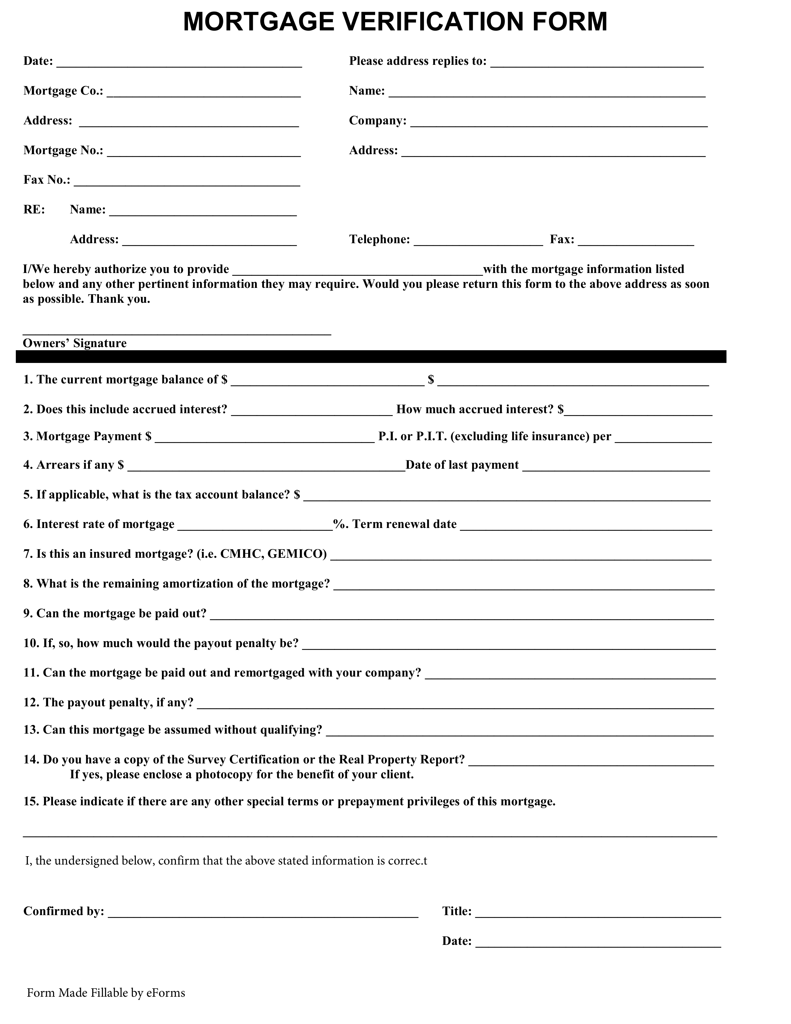 Free Mortgage Verification Form PDF EForms