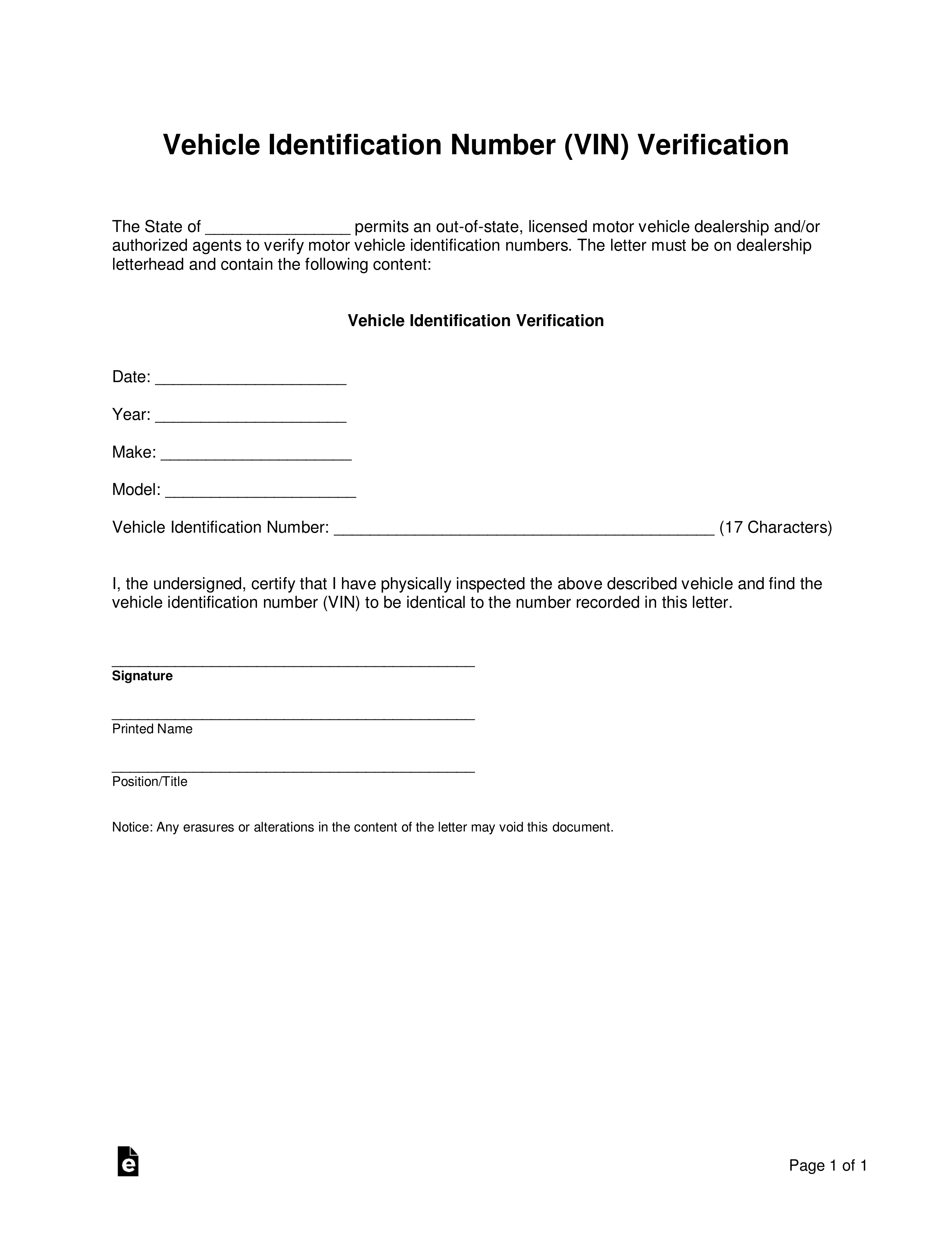Free Vin Verification Form Word Pdf Eforms