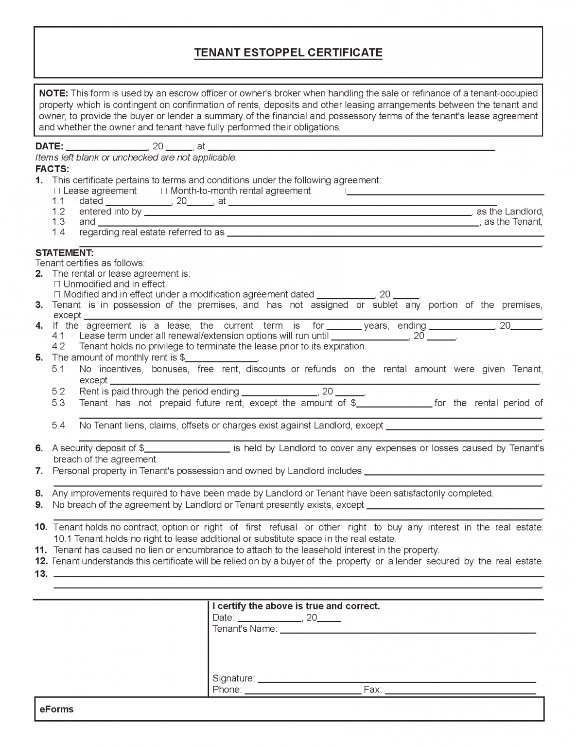 Free Tenant Estoppel Certificate - PDF | Word – eForms
