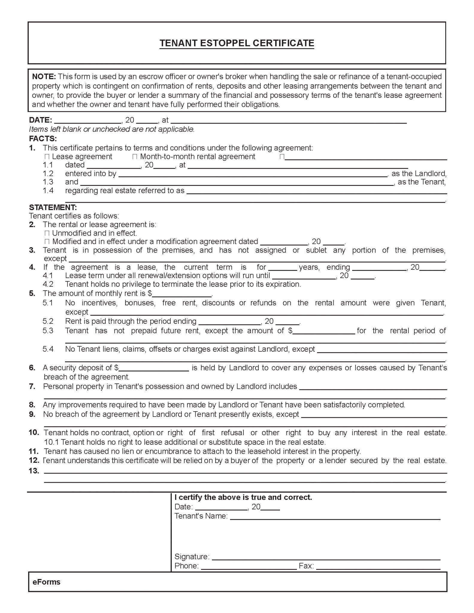 Free Tenant Estoppel Certificate - PDF | Word – eForms