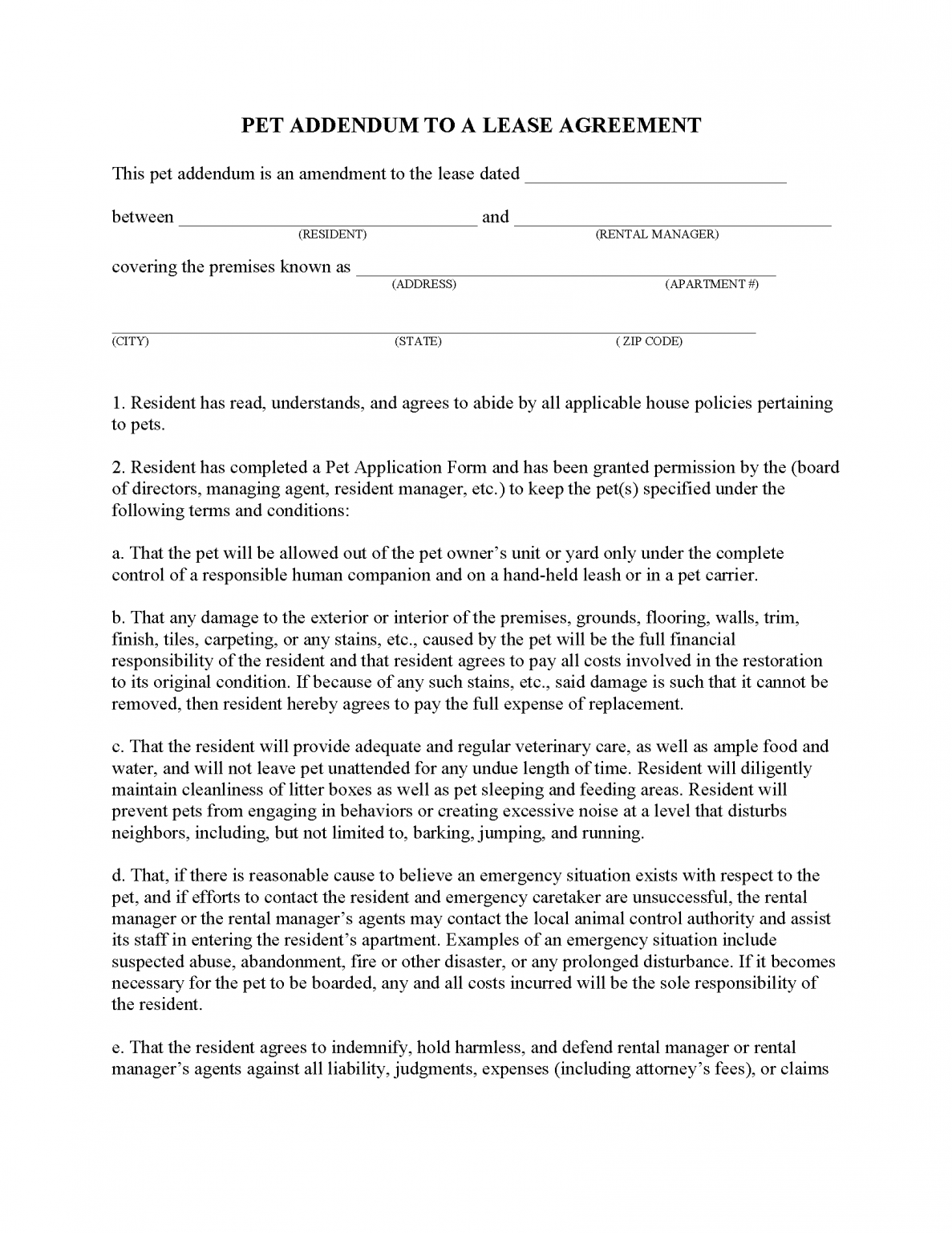 Free Pet Addendum to Lease - PDF | Word – eForms