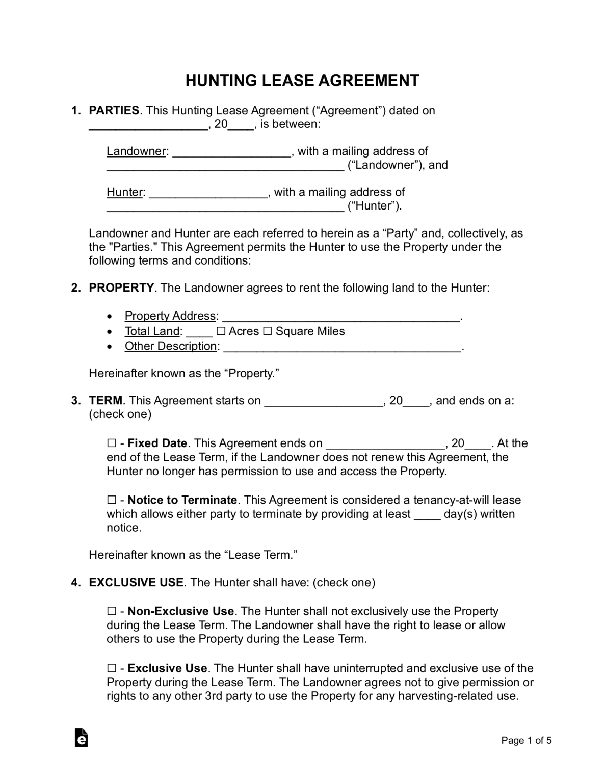 Free Hunting Lease Agreement - PDF | Word – eForms