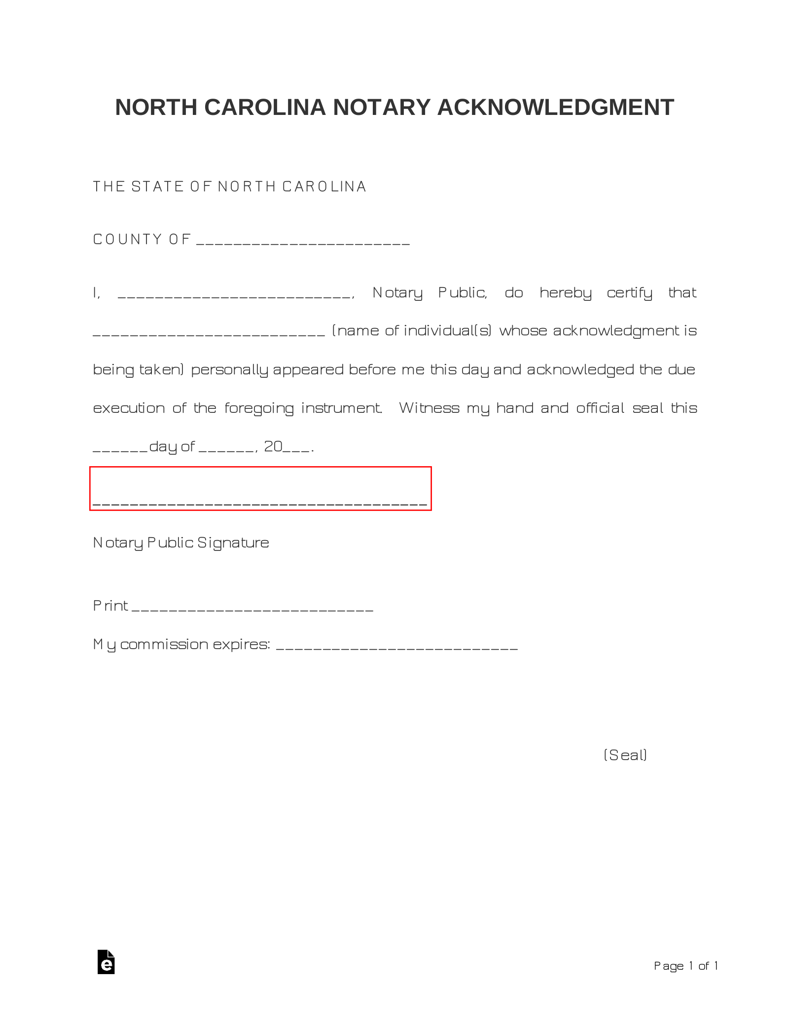 Free North Carolina Notary Acknowledgment Form PDF Word EForms