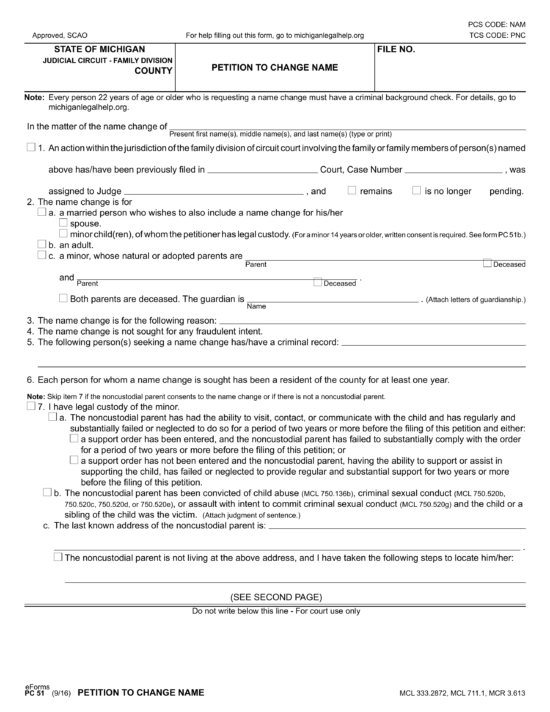 Free Michigan Name Change Forms | Petition PC-51 - PDF – eForms