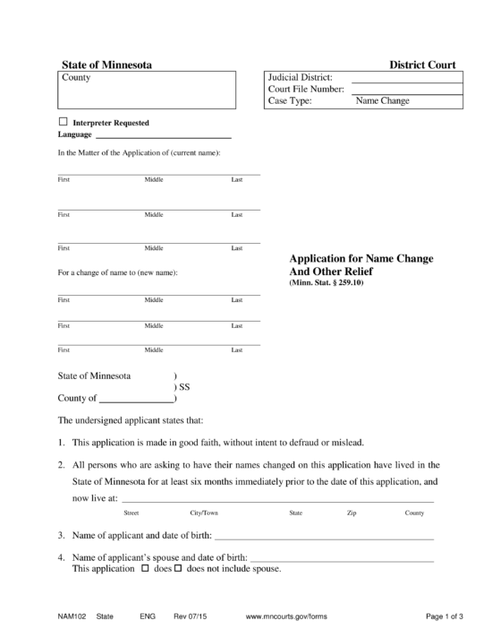 Free Minnesota Name Change Forms | Application (NAM102) - PDF – eForms
