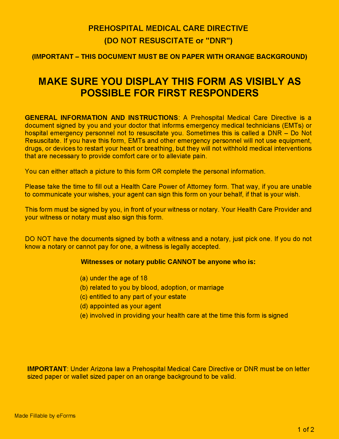 Arizona Do Not Resuscitate (DNR) Order Form – eForms