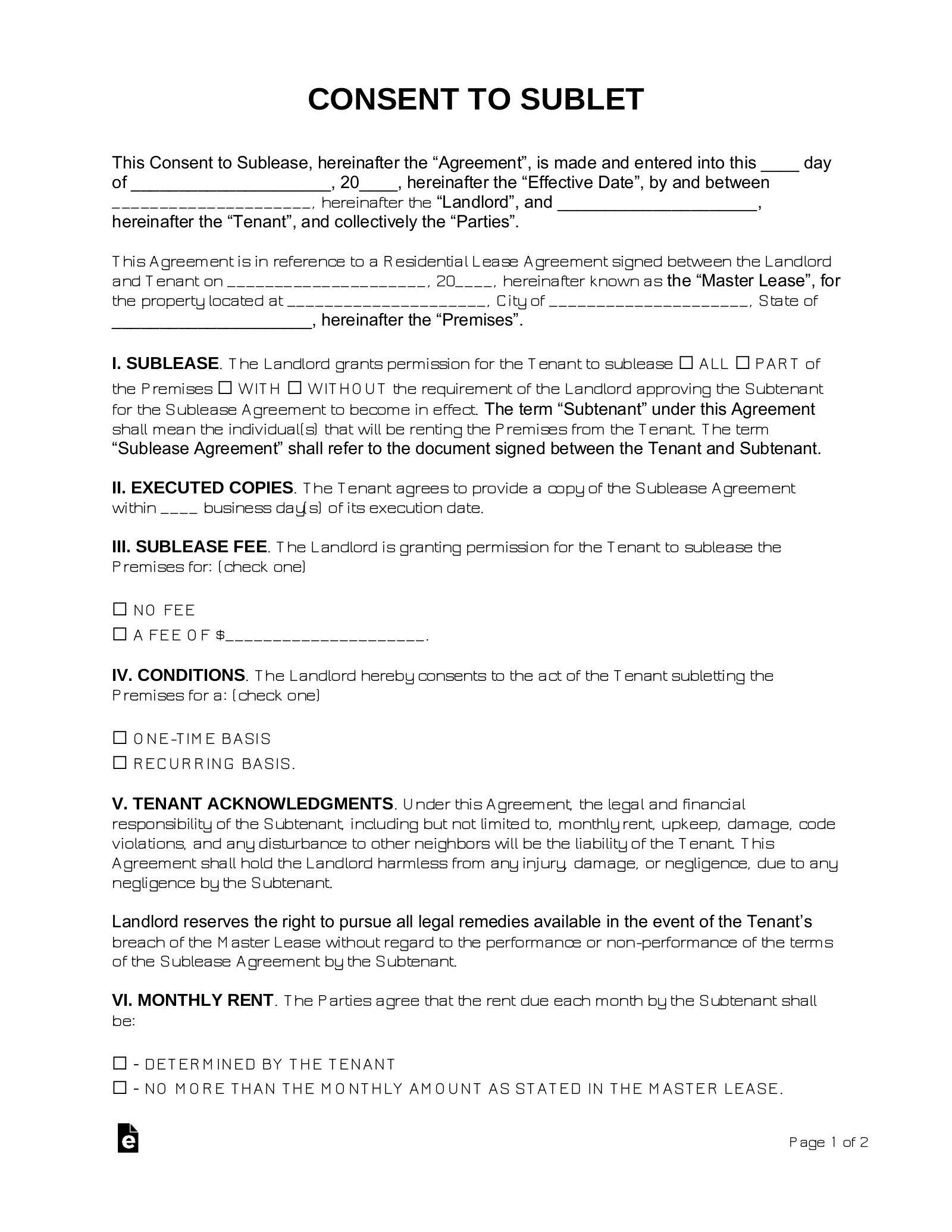 Free Landlord Sublease Consent Form Permission To Sublet PDF Word