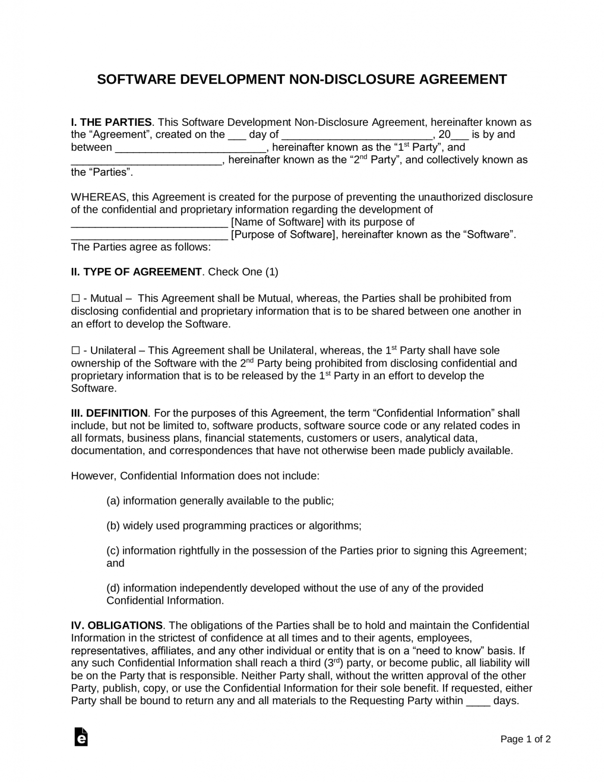 Free Software Development Non-Disclosure Agreement (NDA) Template - PDF | Word – eForms
