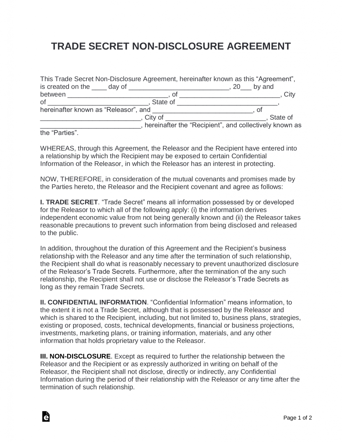 Free Trade Secret Non-Disclosure Agreement (NDA) Template - PDF | Word ...