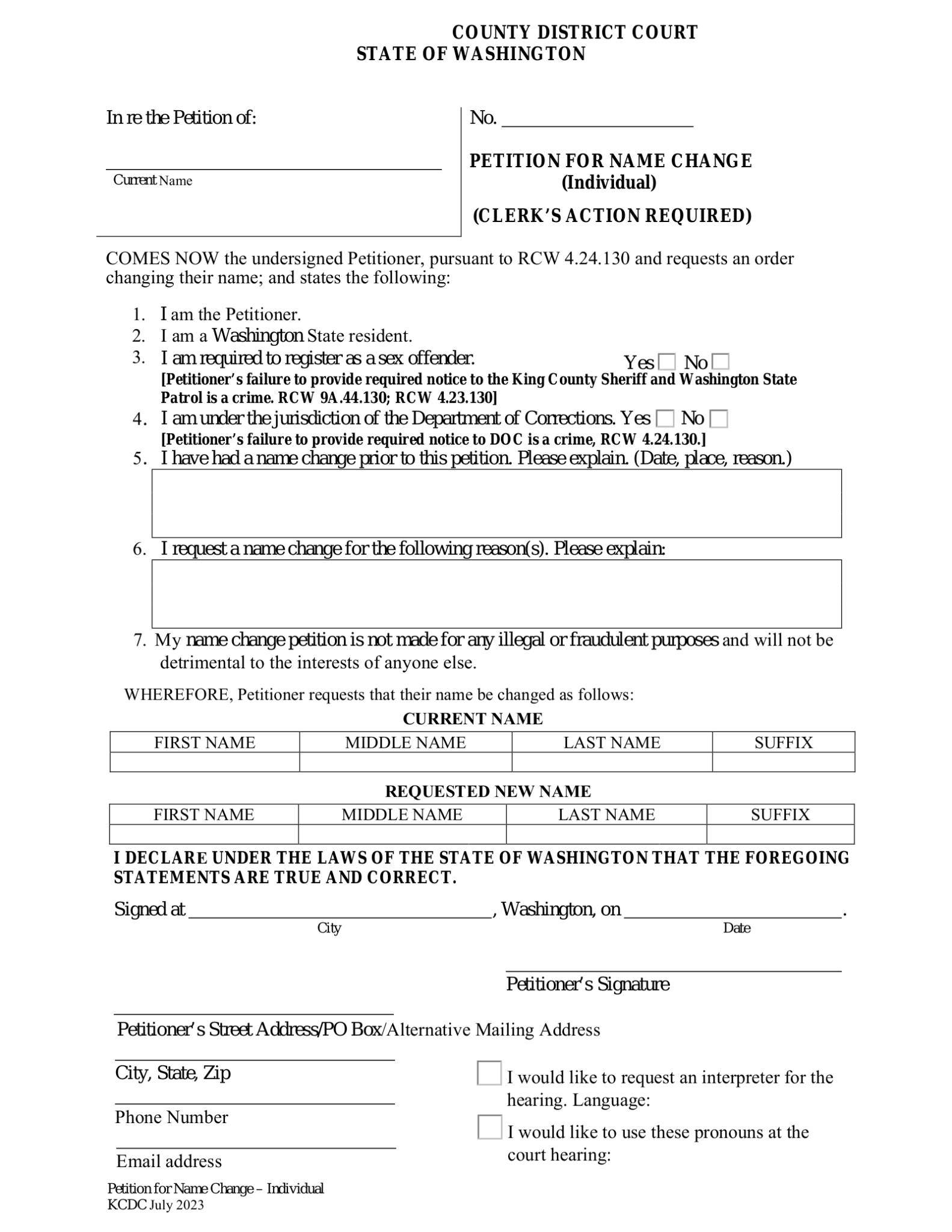 Free Washington Name Change Forms Petition PDF EForms