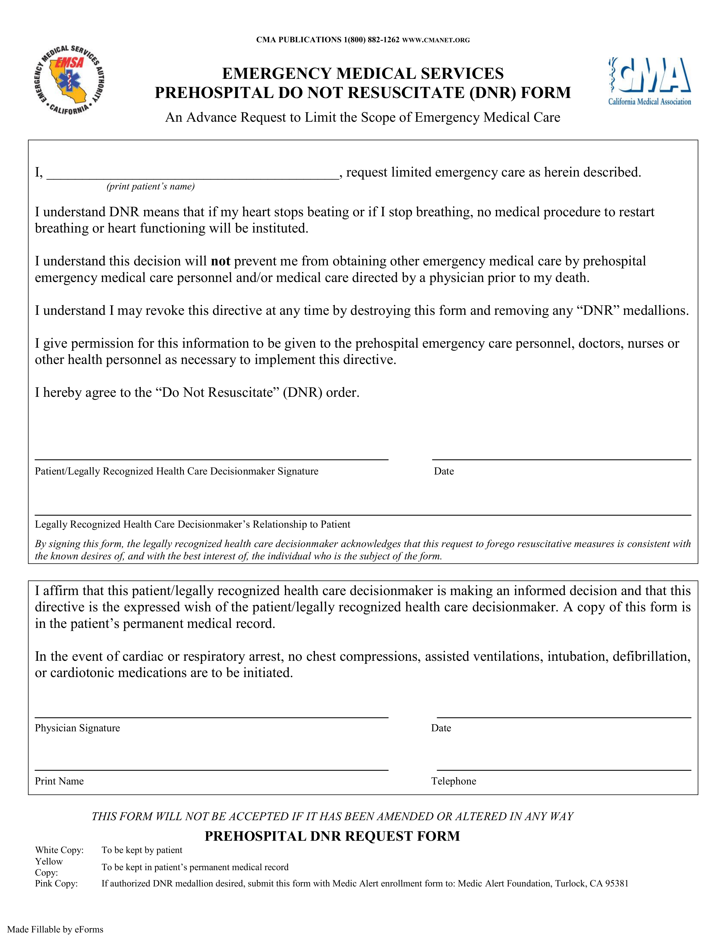 Free California Do Not Resuscitate Dnr Order Form Pdf Eforms
