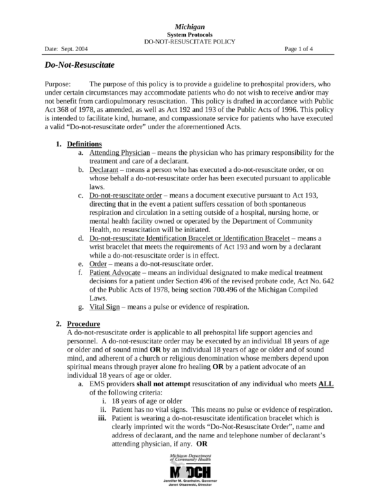 Free Michigan Do Not Resuscitate (DNR) Order Form - PDF – eForms