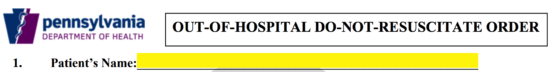 Free Pennsylvania Do Not Resuscitate (DNR) Order Form - Sample Only ...