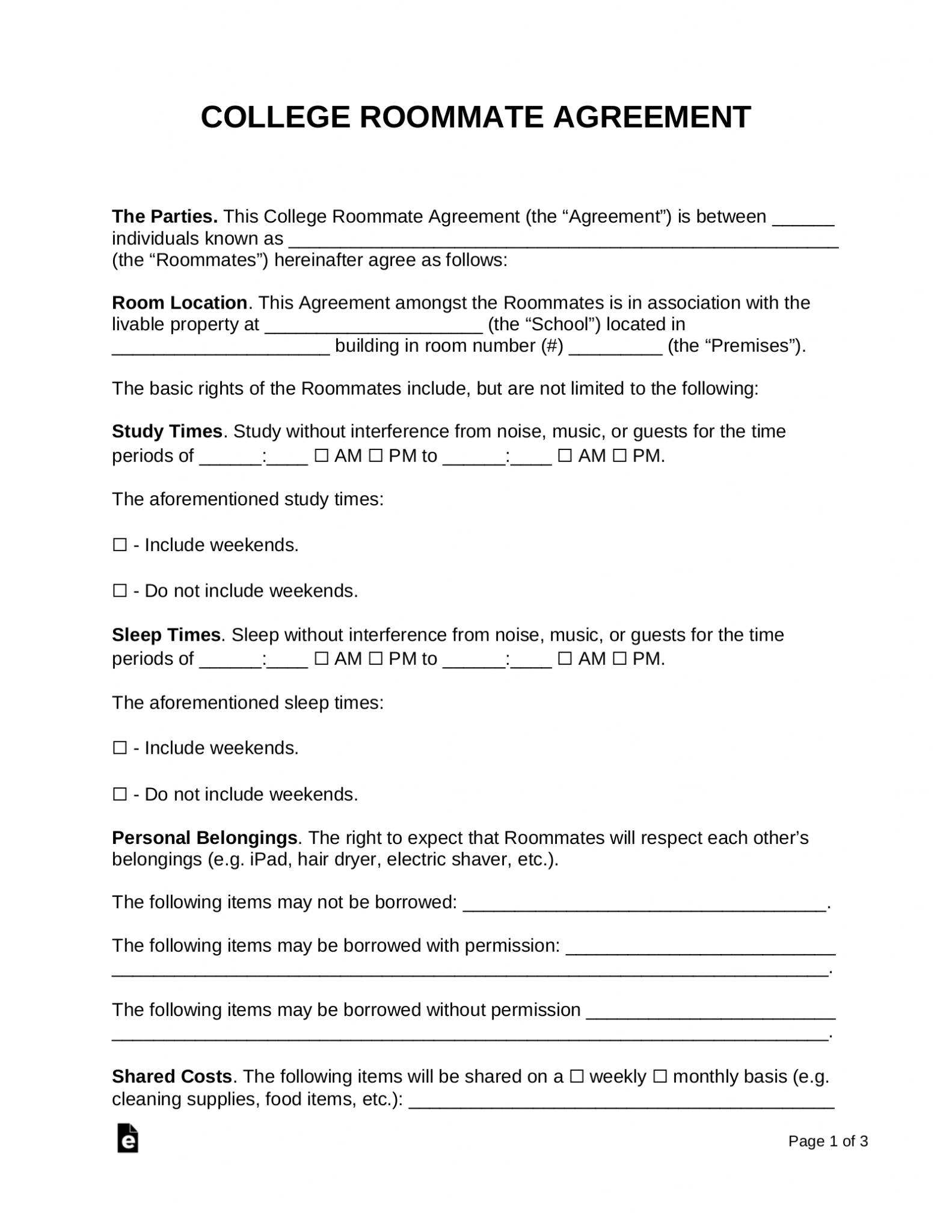 Free College Roommate Agreement | Dorm Room - PDF | Word – eForms