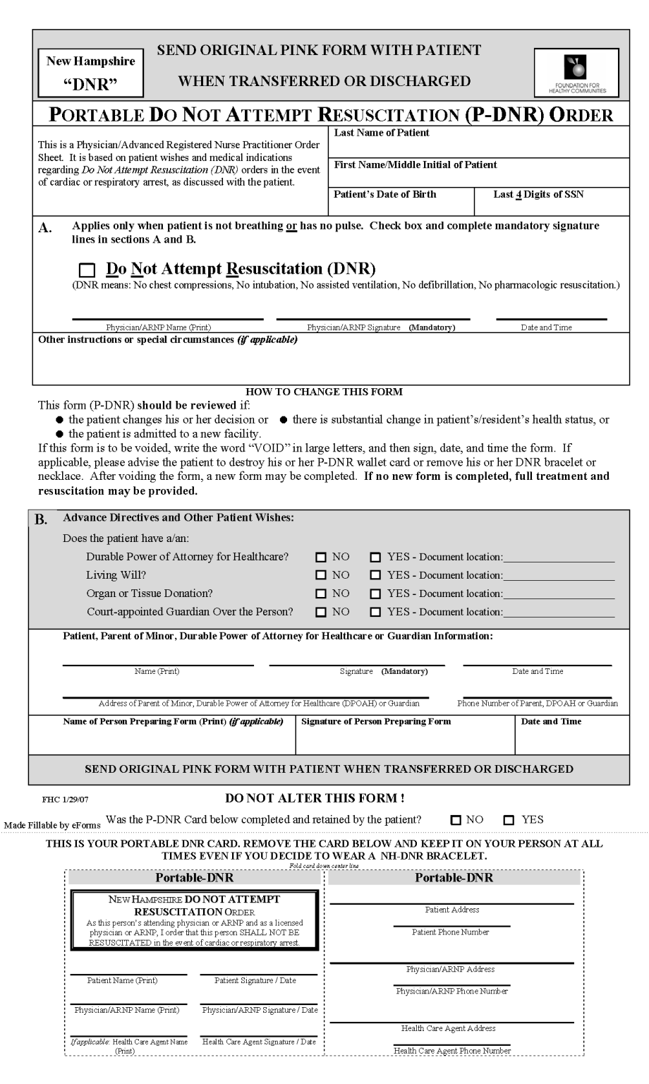 Free New Hampshire Do Not Resuscitate (DNR) Order Form - PDF – eForms