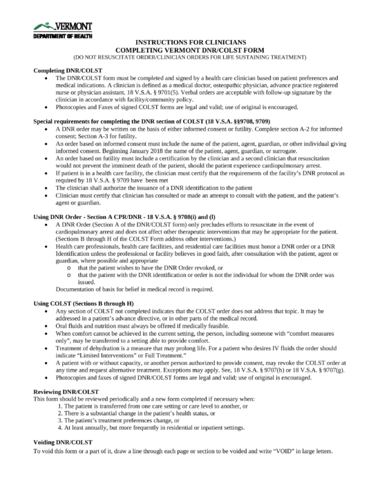 Free Vermont Do Not Resuscitate (DNR) Order Form - PDF – eForms