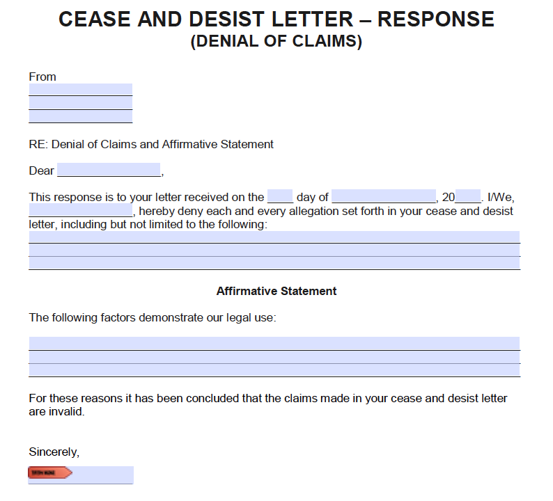 Free Cease and Desist Response Letters - Templates and Samples - PDF ...