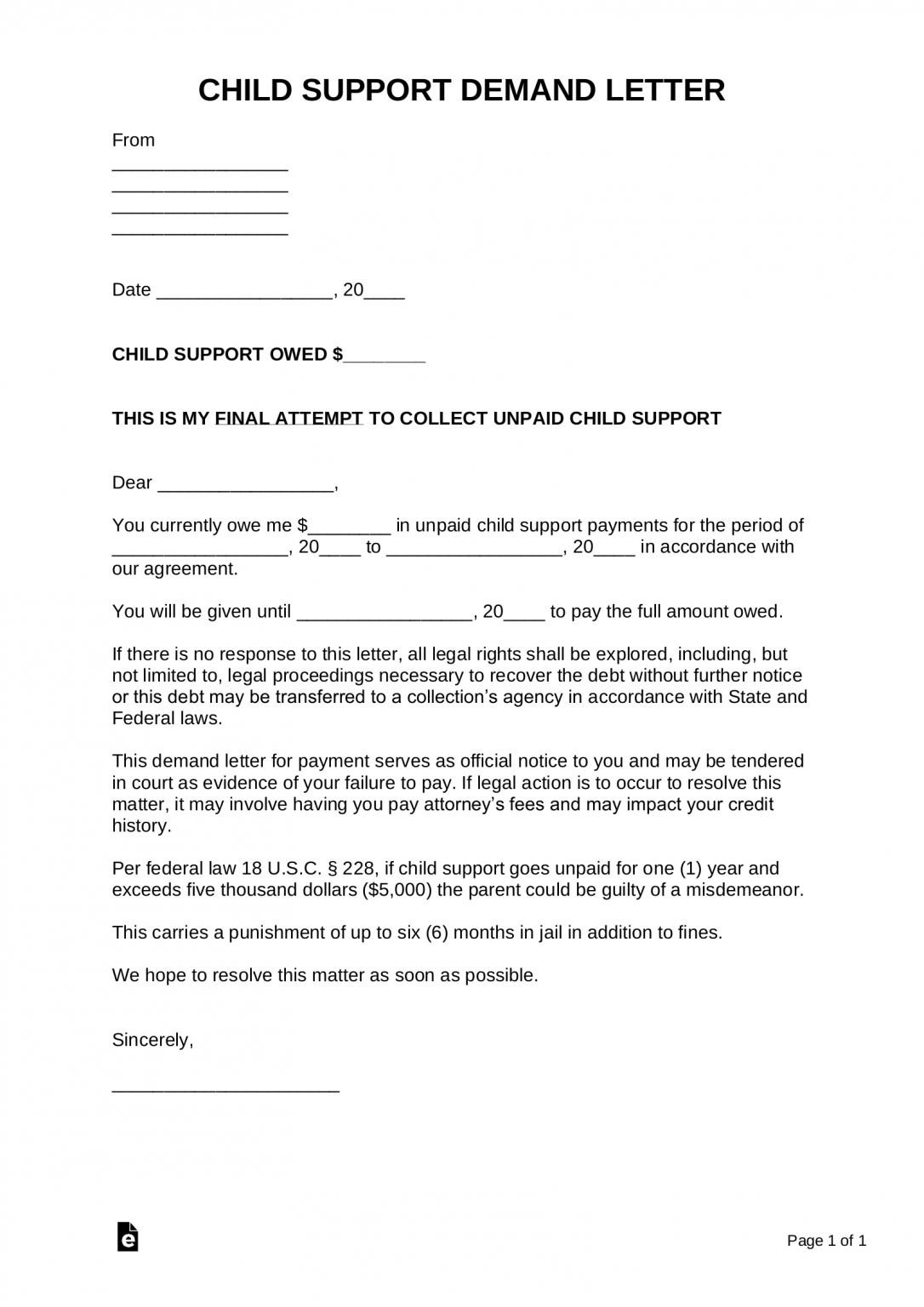 Free Child Support Demand Letter Template Sample PDF Word EForms