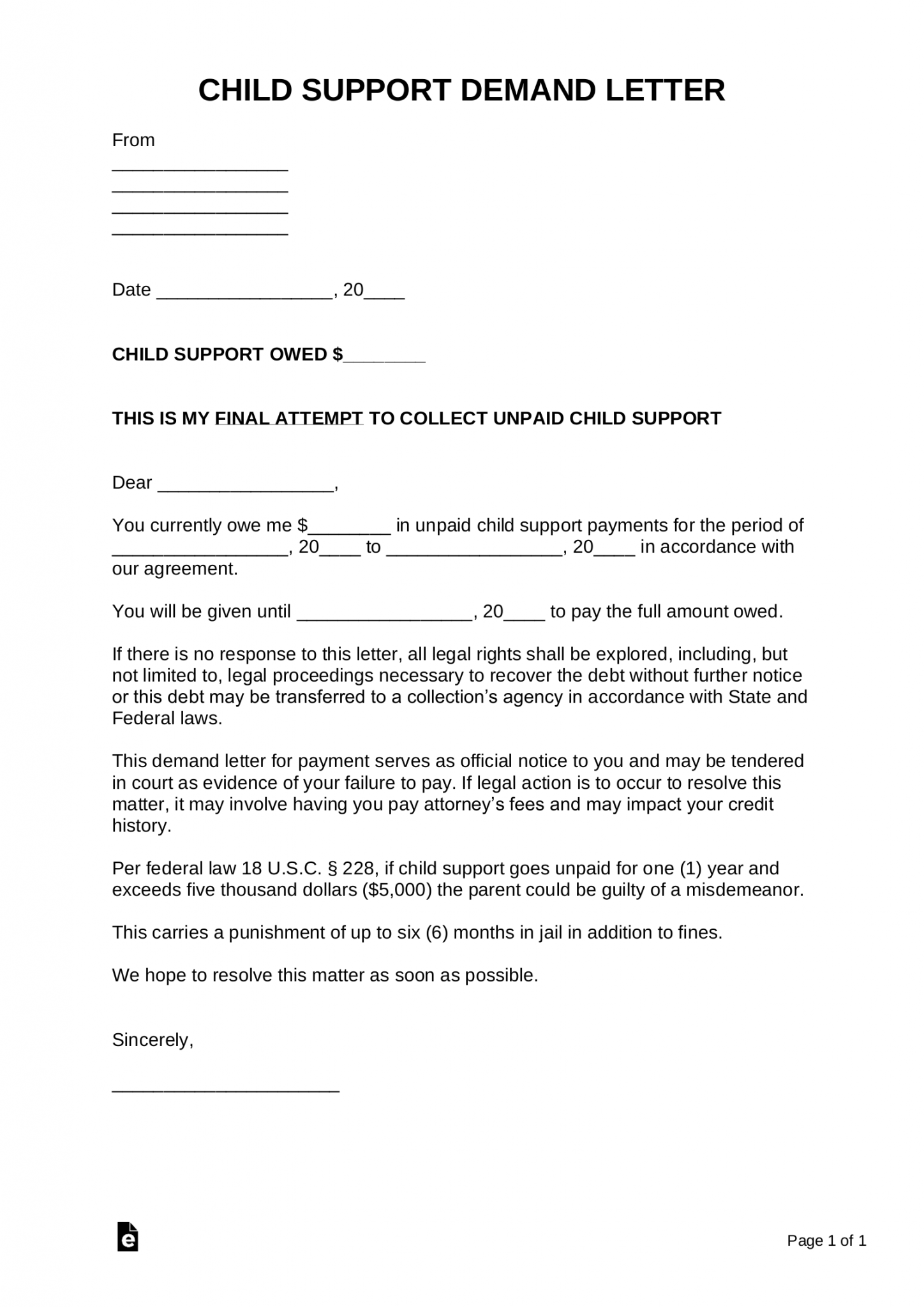 Free Child Support Demand Letter Template - Sample - PDF | Word – eForms