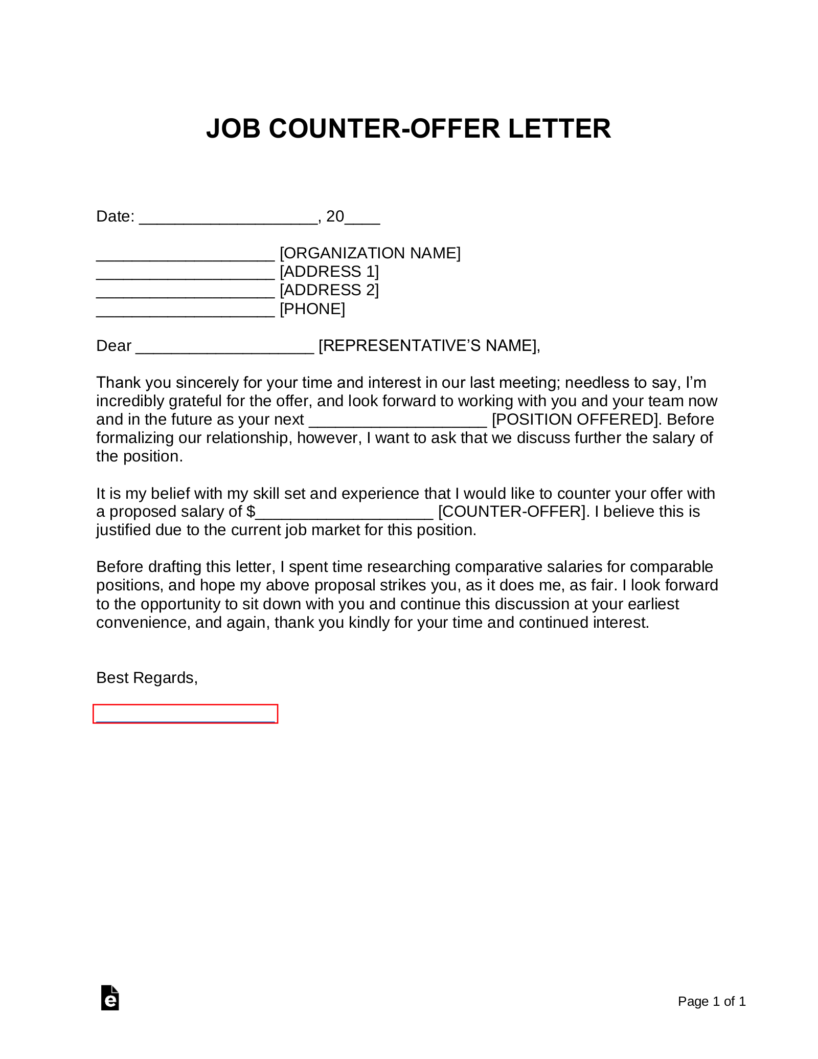 Free Job Counter Offer Letter For Salary PDF Word EForms
