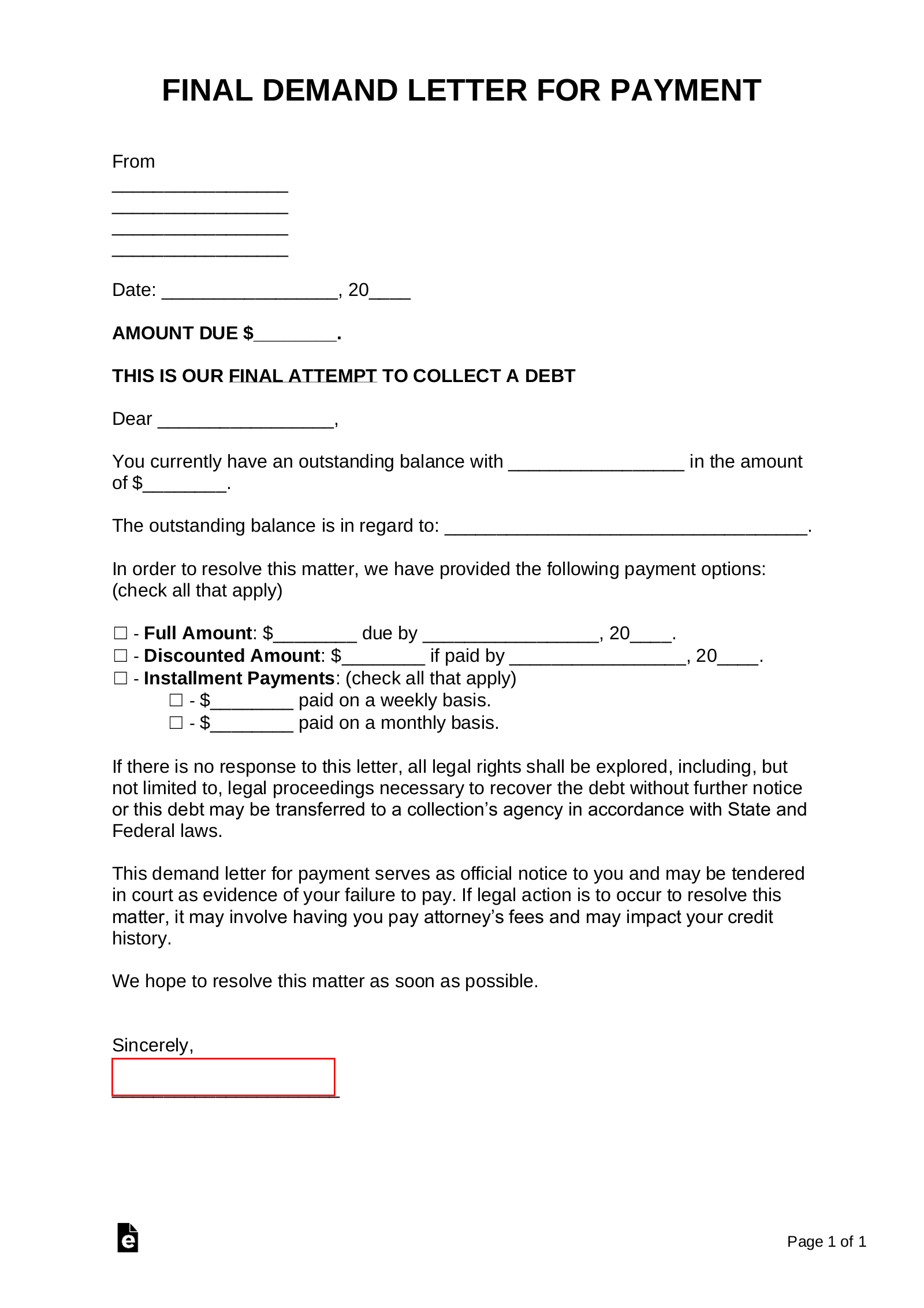 Free Final Demand Letter For Payment Pdf Word Eforms