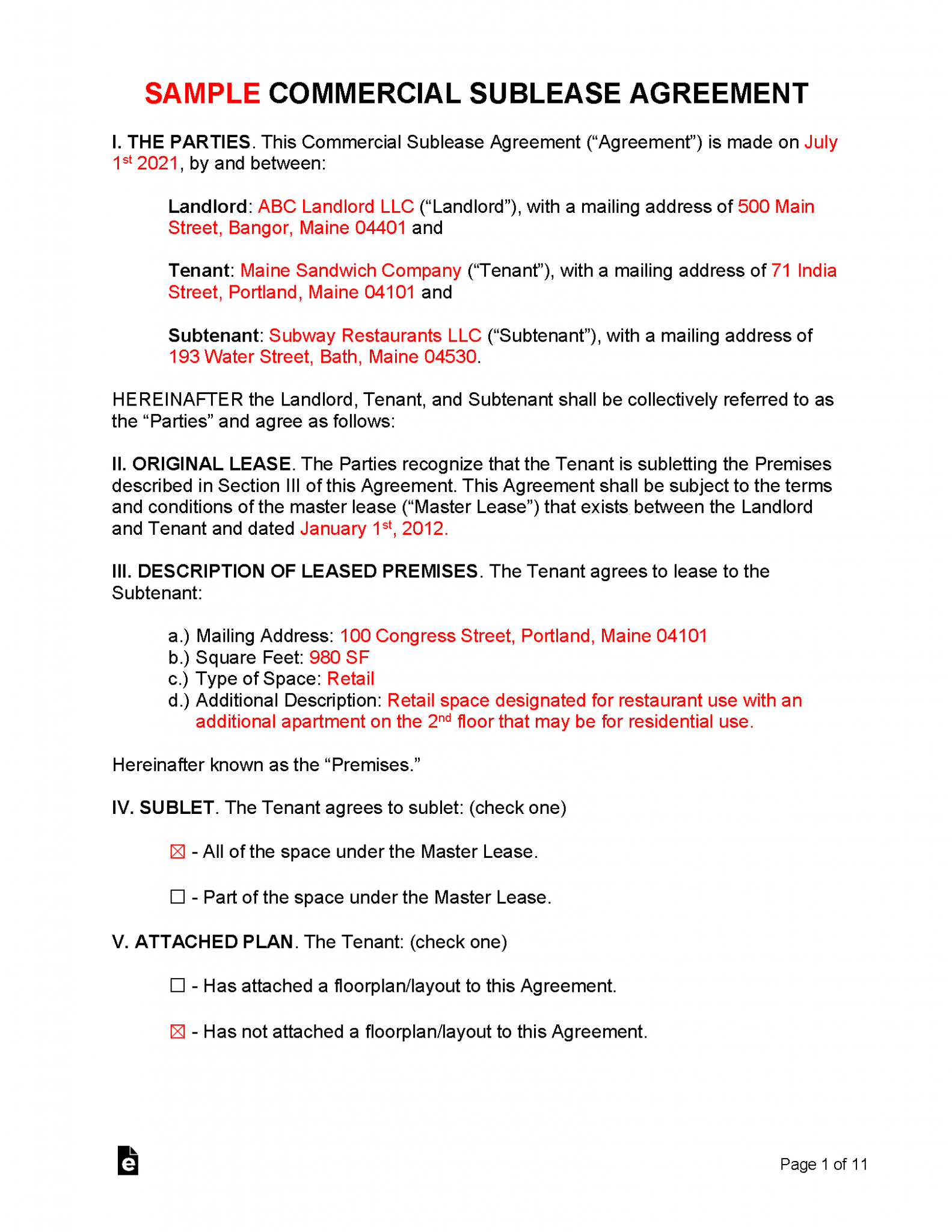 Free Commercial Sublease Agreement Template - PDF | Word – eForms