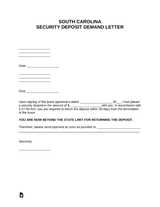 Free South Carolina Security Deposit Demand Letter - PDF | Word – eForms