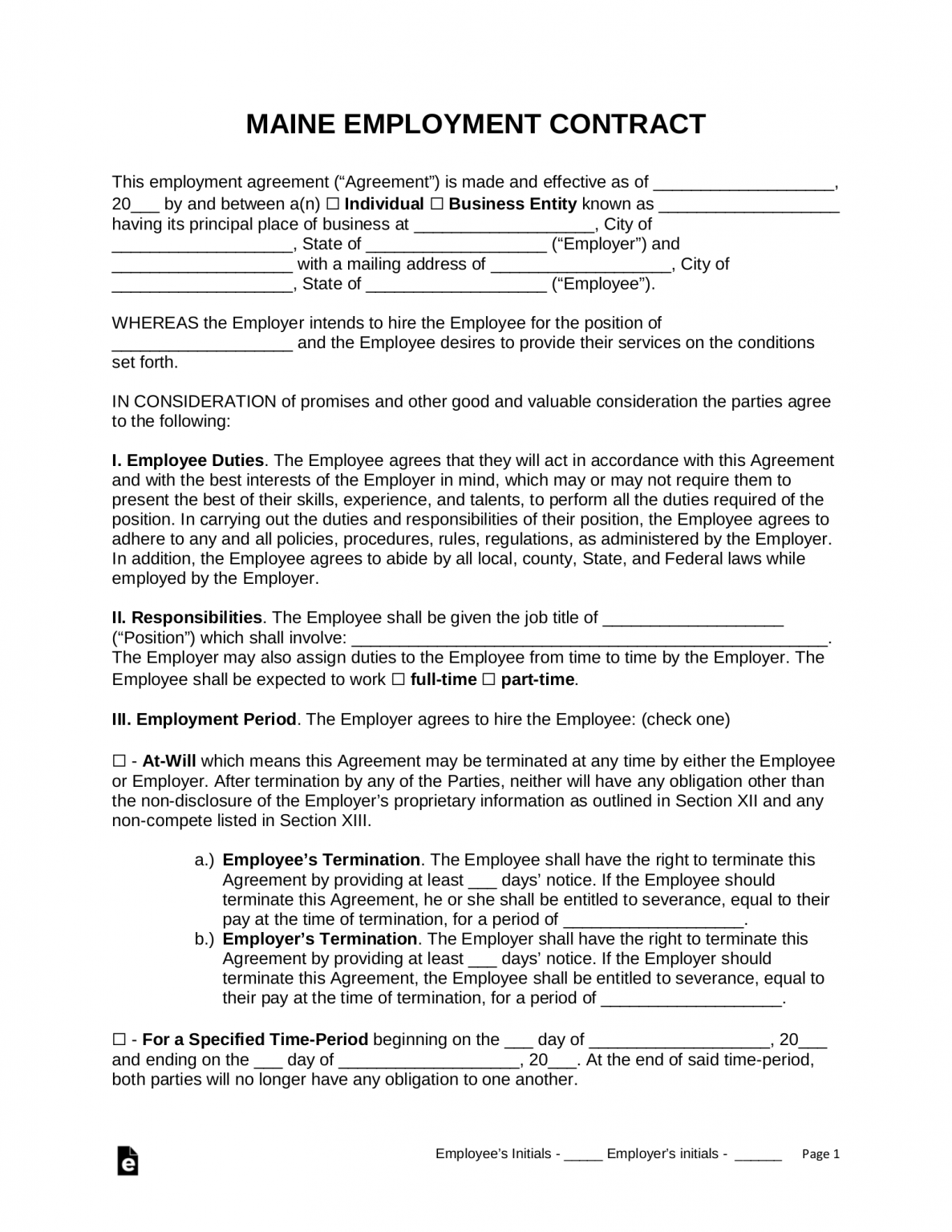 Free Maine Employment Contract Templates (4) - PDF | Word – eForms