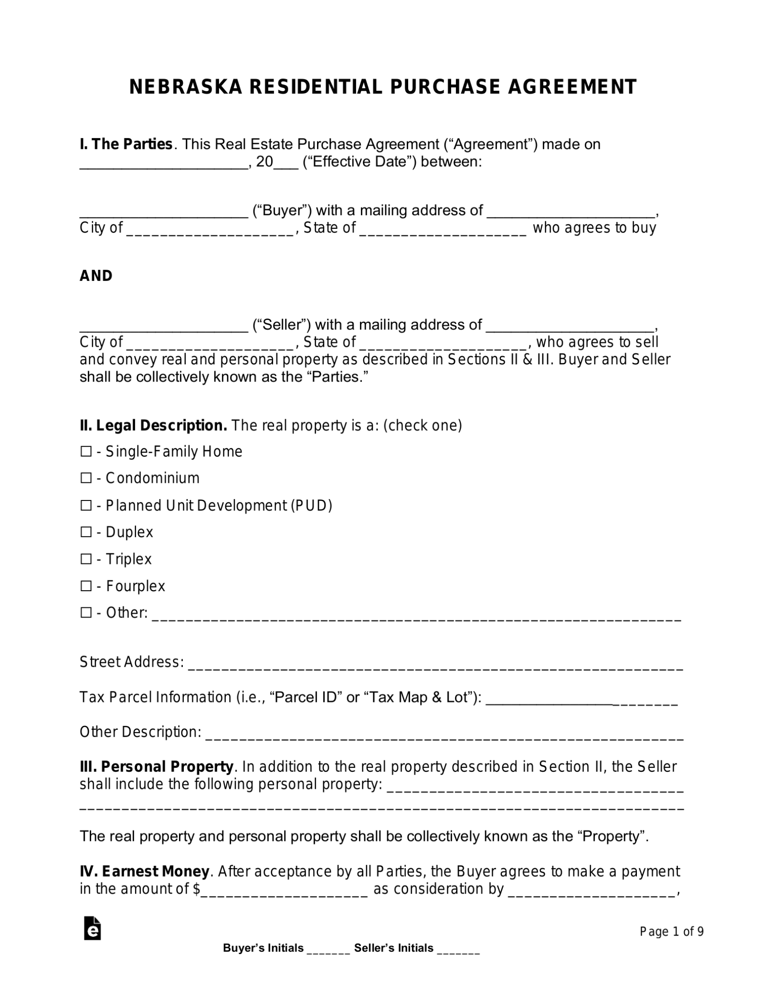 Free Nebraska Residential Purchase Agreement Template - PDF | Word – eForms